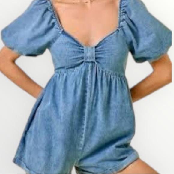 Day + Moon | Pants & Jumpsuits | Day Moon Puff Sleeve Denim Romper Off ...